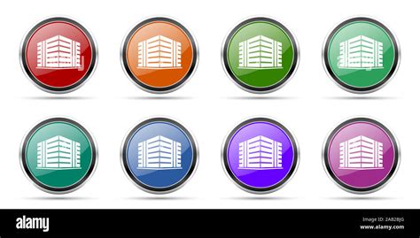 Office Building Icons Set Of Round Glossy Web Buttons With Silver Metallic Chrome Borders