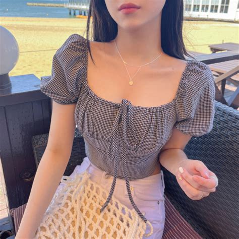워너비뮤즈 무배🚀 남심저격💘허리잘록~ 2way 하이틴 고방 체크 스퀘어넥 블라우스 오프숄더 스모크 허리 밴딩 퍼프 셔링 리본 스크링 크롭 반팔 3color