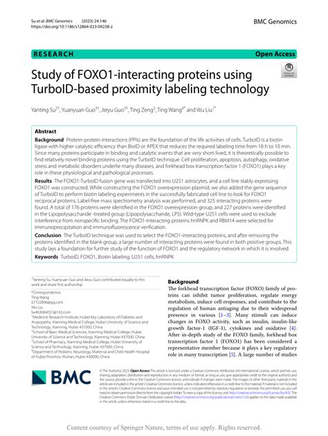 PDF Study Of FOXO1 Interacting Proteins Using TurboID Based Proximity Labeling Technology