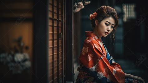 빨간 기모노를 입고 창가에 앉아 있는 아름다운 일본 여자 빨간색 배경 키모노 배경 앉아 있는 배경 이미지 Hd 빨간색 키모노 앉아 있는 배경 사진 무료 다운로드