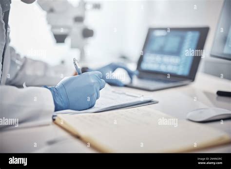 Science Research And Hands In Lab With Notebook And Computer On