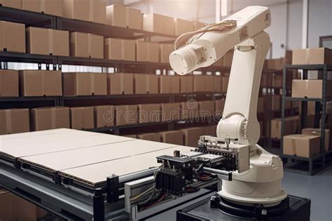Packaging And Sorting Robot Working Tirelessly In Busy Warehouse Packaging Goods To Be Shipped