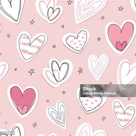 Doodle 종이 하트 완벽 한 패턴입니다 손으로 그린 종이 하트 배경입니다 벡터 일러스트 레이 션 긍정적인 감정 표현에 대한 스톡 벡터 아트 및 기타 이미지 Istock