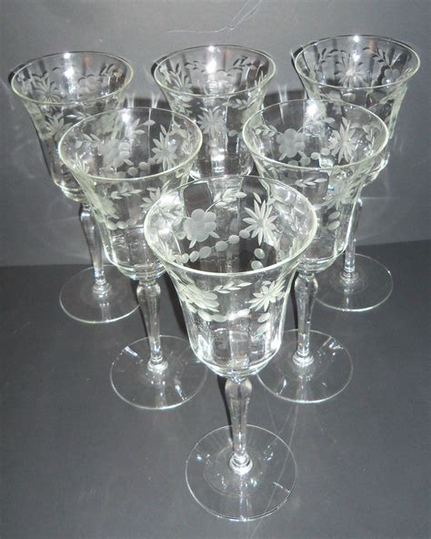 Six Etched Crystal Wine Glasses Vintage Stemware