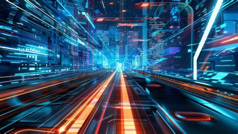 Futuristic Urban Metropolis With Neon Lights And Data Streams Stock