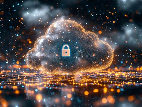 Bright Orange Glowing Digital Cloud With A Lock Icon Integrated Into A Particle System