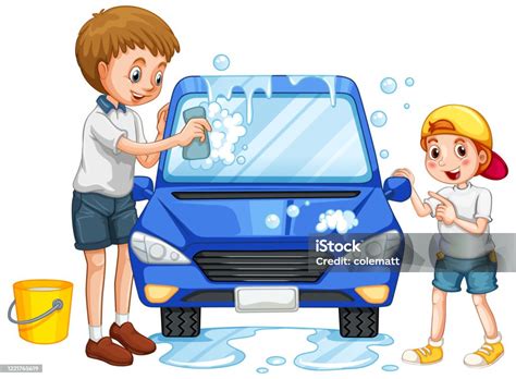 아버지와 아들이 흰색 배경에 차를 세차 가사 집안일에 대한 스톡 벡터 아트 및 기타 이미지 가사 집안일 교통수단 귀여운