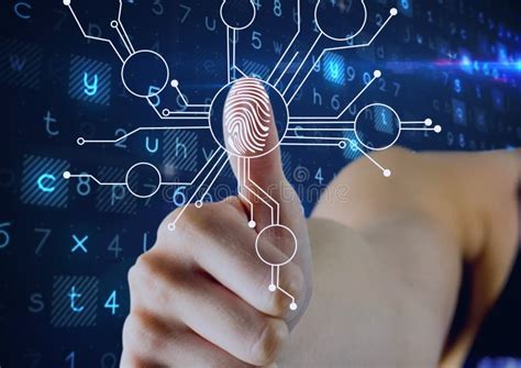 Human Thumb Over Biometric Scanner Against Cyber Security Data Processing On Blue Background