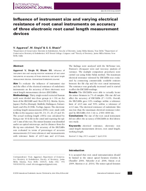 Pdf Influence Of Instrument Size And Varying Electrical Resistance Of Root Canal Instruments