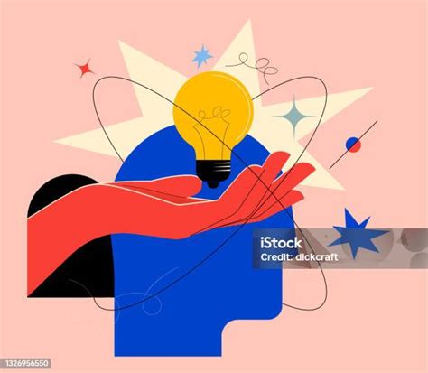 추상적인 인간의 머리 실루엣과 손 들고 전구 램프밝은 색상의 추상적 인 기하학적 모양을 둘러싸고 창조적 인 마음이나 브레인