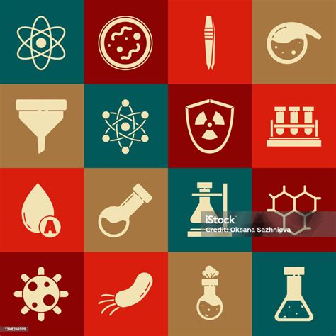 테스트 튜브 및 플라스크 화학 화학 공식 핀셋 원자 깔때기 필터 및 방사성 을 방패 아이콘으로 설정합니다 벡터 0명에 대한 스톡 벡터 아트 및 기타 이미지 Istock