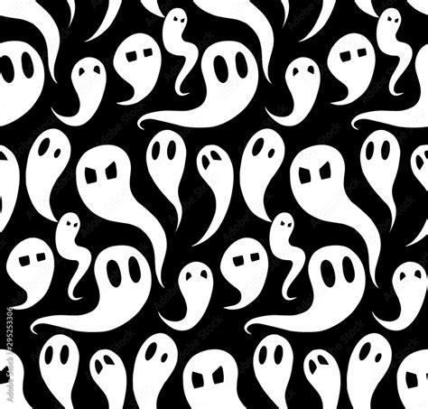 Seamless Pattern With White Cartoon Ghosts With Emotions Spirits In