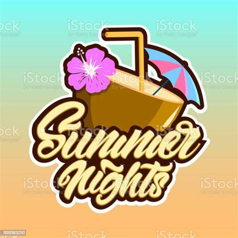 다채로운 여름 로고 글자 스타일 텍스트와 코코넛 칵테일 함께 여름 밤에 벡터 일러스트 레이 션 디자인입니다 열대 칵테일에 대한 스톡 벡터 아트 및 기타 이미지 Istock