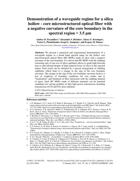 Pdf Demonstration Of A Waveguide Regime For A Silica Hollow Core Microstructured Optical