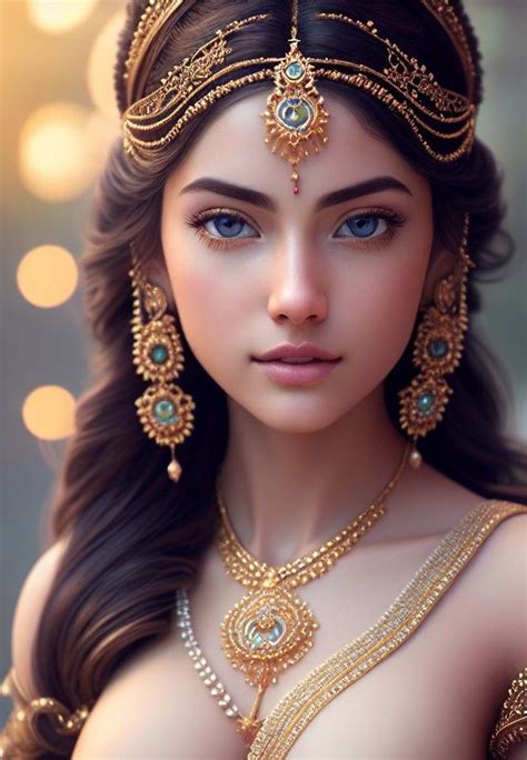 A Beautiful Woman With Blue Eyes Wearing Gold Jewelry And Headpieces On Her Head