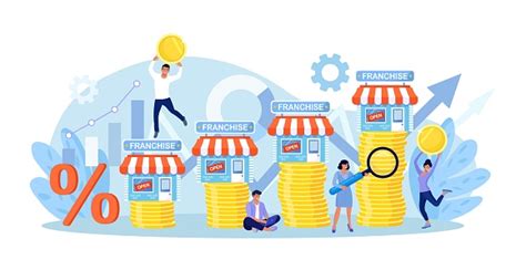 프랜차이즈 마케팅 시스템 사람들은 프랜차이즈 소기업 본사가 있는 회사를 시작합니다 돈 더미에 상점 사업가들은 프랜차이즈 사업으로 수익 이익을 증가시킵니다 영업권에 대한 스톡