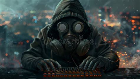A Man In A Gas Mask Typing On The Keyboard Ai Stock Image Image Of