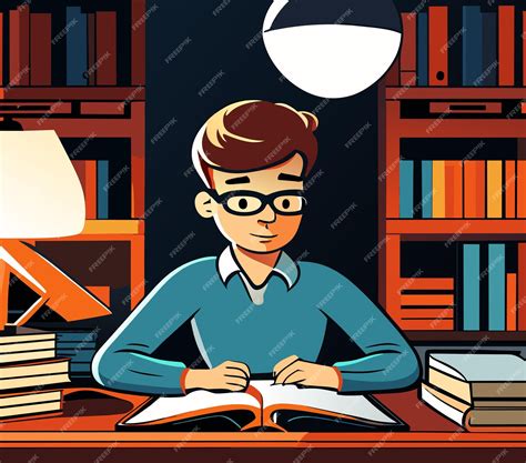 그의 책상 벡터 일러스트 레이 션에 읽고 쓰기 숙제를 하는 어린 소년 프리미엄 벡터