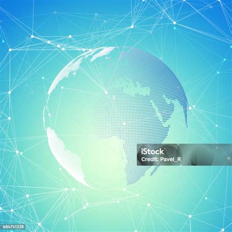 추상적인 미래 지향적 인 네트워크 모양 하이테크 배경 라인과 도트 연결 다각형 선형 텍스처 파란색에 세계 글로브입니다 글로벌