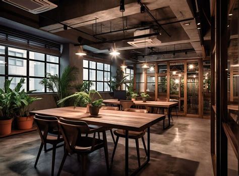 Una Oficina Con Muchas Mesas Y Muebles De Madera Foto Premium