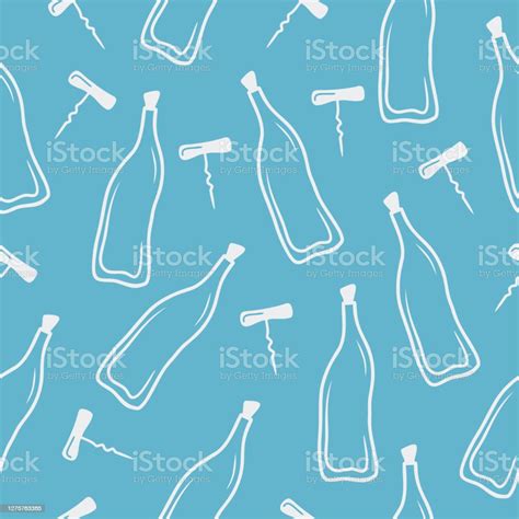 파란색 배경에 손으로 그린 유리 병과 코르크 나사와 매끄러운 패턴 낙서 간단한 개요 그림 그것은 직물 종이 및 기타 표면의 장식에 사용할 수 있습니다 개체 그룹에 대한 스톡