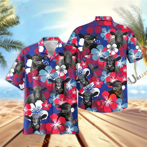 Unique Black Angus Flower Blue Red 3d Hawaiian Shirt Timezily