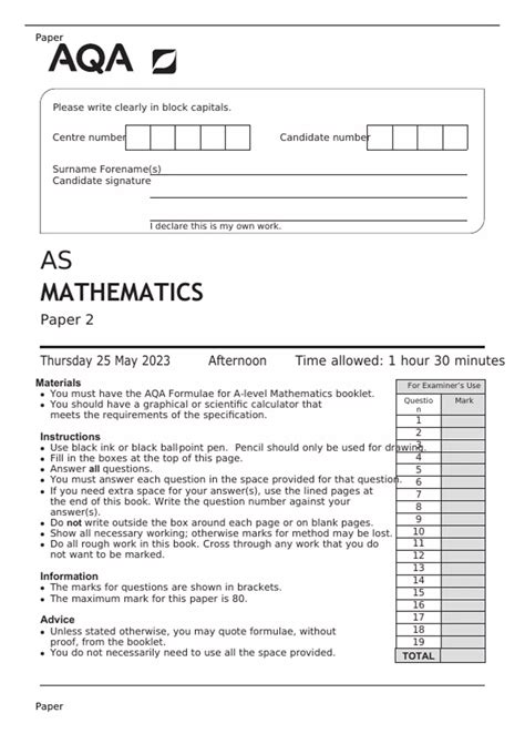 Aqa As Level Mathematics Question Papers And Mark Schemes Papers 1 And