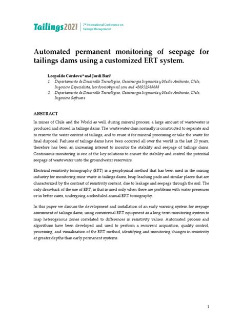 Automated Ert For Tailings Dam Seepage Monitoring Pdf Dam Geophysics