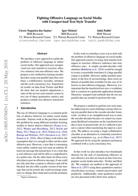 Pdf Fighting Offensive Language On Social Media With Unsupervised Text Style Transfer