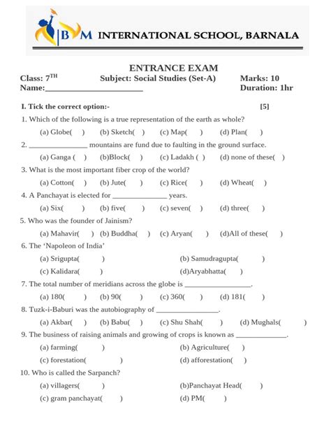 Entrance Test Class 7 Set A B And C Sst Qp Pdf