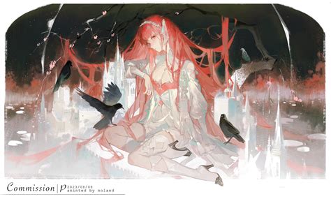 Noland Commission Highres Bird Crow Hair Spread Out Long Hair Red Eyes Red Hair Very