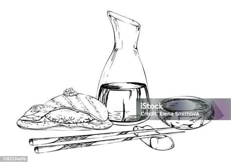 일본 음식 니기리 스시 생선 연어 참치 새우 농어 캐비어 토핑 간장 항아리 벡터 펜 잉크로 그린 젓가락 일러스트레이션 레스토랑 카페 메뉴 키친 프린트 레시피 북 Unagi