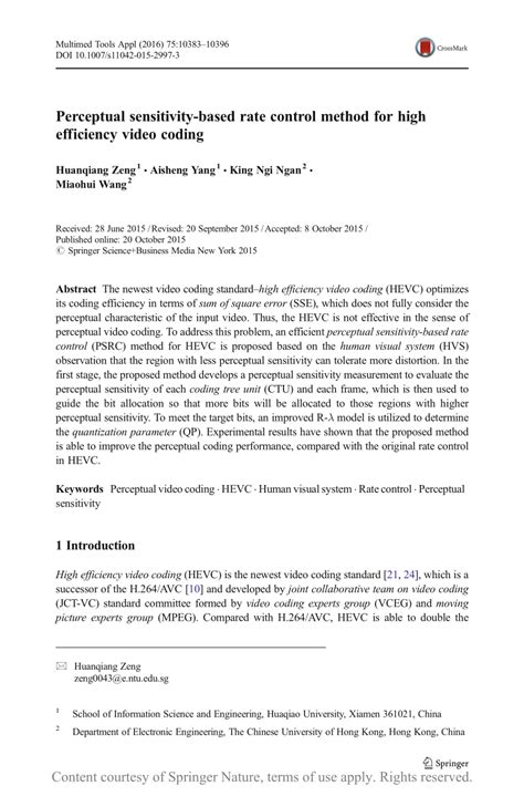 Perceptual Sensitivity Based Rate Control Method For High Efficiency Video Coding Request Pdf