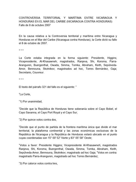 Controversia Territorial Y Marítima Entre Nicaragua Y Honduras En El
