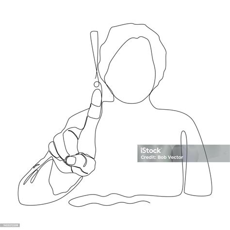 느낌표를 가리키는 여성의 연속 선 그리기 씬 라인 일러스트 레이 션 벡터 개념 윤곽선 그리기 창조적 인 아이디어 여자 사업가에