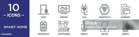 스마트 홈 개요 아이콘 세트에는 얇은 줄 문 플러그 도어 노브 커피 메이커 잠금 해제 원격 보고서 프리젠 테이션 다이어그램 웹 디자인 용 스마트 워치 아이콘이 포함됩니다 0