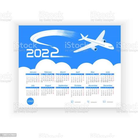 데스크톱 캘린더 2022 여행 항해 개념 푸른 하늘에 비행 비행기와 간단한 수평 달력 템플릿 달력 디자인 2022 년 영어 주는 월요일부터 시작됩니다 벡터 일러스트레이션 1