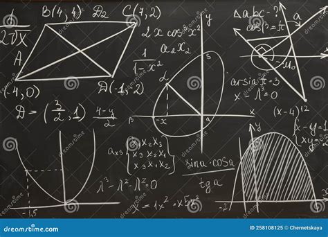 Different Mathematical Formulas Written With Chalk On Blackboard Stock