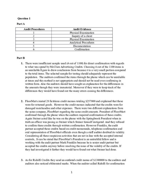 Doc Question 1 Part A Audit Procedures Audit Evidence 1 Physical Examination 2 Inquiry Of A
