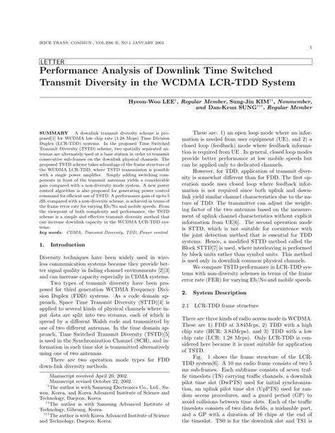 Pdf Performance Analysis Of Downlink Time Switched Transmit Diversity In The Wcdma Lcr Tdd System