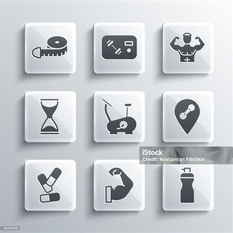 세트 보디 빌더 근육 피트 니스 셰이커 위치 체육관 고정 자전거 비타민 알 약 오래 된 모래 시계 테이프 측정 및 아이콘 벡터