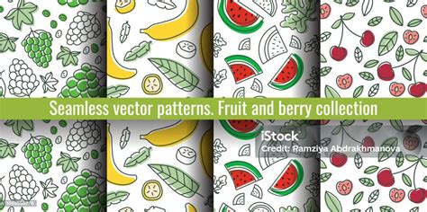 원활한 패턴 집합입니다 달콤한 과일과 베리 컬렉션입니다 바나나 포도 버 찌 수 박입니다 손으로 그린 색 벡터 스케치 배경입니다 다채로운 낙서 배경 화면입니다 여름 인쇄