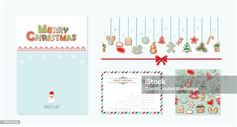 크리스마스 디자인 요소 세트입니다 산타 클로스 편지 템플릿 A4 인사말 봉투 내식 배너 진저 브레드 쿠키와 원활한 패턴 벡터 패턴에 대한 스톡 벡터 아트 및 기타 이미지
