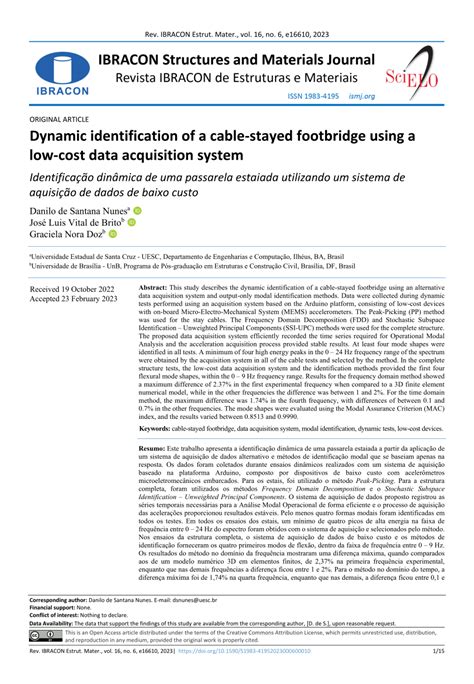 pdf dynamic identification of a cable stayed footbridge using a low