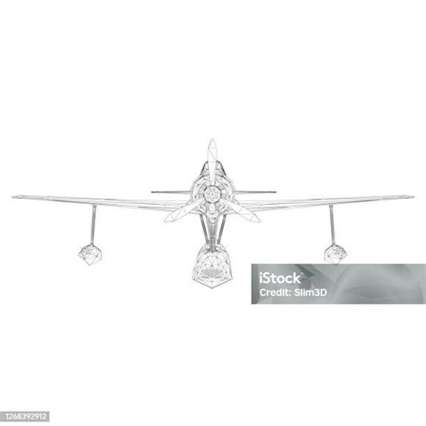 착륙 및 물에서 이륙오래된 비행기의 와이어 프레임 전면 보기입니다 3d 벡터 일러스트레이션 3차원 형태에 대한 스톡 벡터 아트