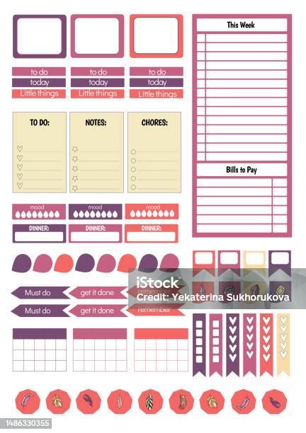 주간 또는 일일 플래너 메모지 할 일 목록 귀여운 화장품 일러스트레이션과 트렌디한 글자로 장식된 스티커 템플릿 모음 0명에 대한