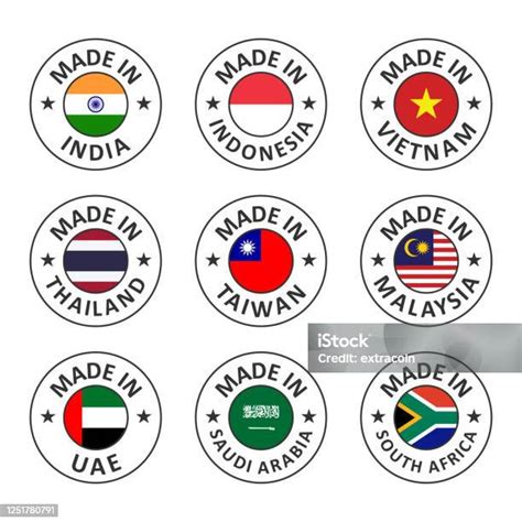 인도 인도네시아 베트남 태국 대만 말레이시아 아랍에미리트 사우디 아라비아 및 남아프리카 공화국 세계 국가 플래그 라벨 스탬프에서 만든 벡터 아이콘 세트 고급에 대한 스톡