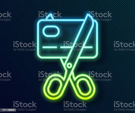 검은 색 배경에 고립 된 신용 카드 아이콘을 절단 빛나는 네온 라인 가위 온라인 결제 현금 인출 재무 운영 쇼핑 표지판 벡터 0명에 대한 스톡 벡터 아트 및 기타 이미지