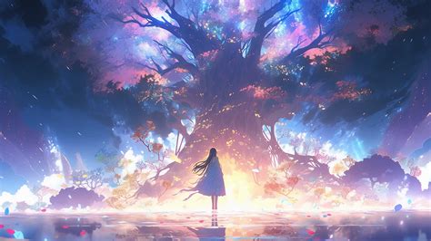 动漫女孩大树 水 唯美梦幻壁纸 动漫电脑壁纸 Like壁纸网