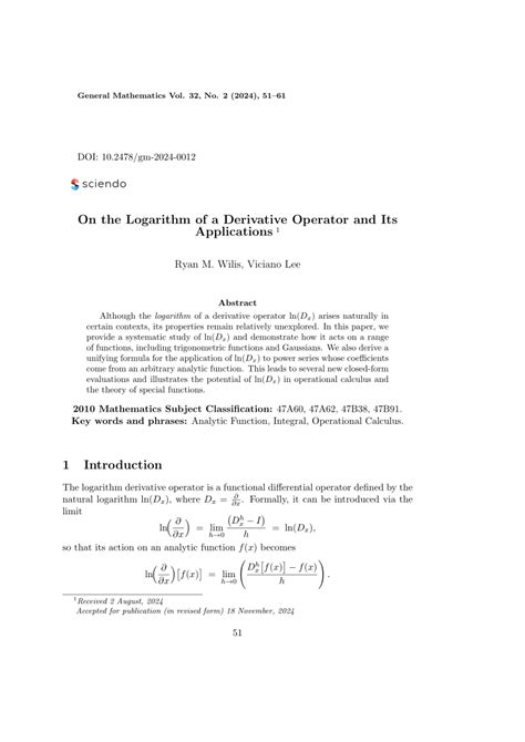 Pdf On The Logarithm Of A Derivative Operator And Its Applications